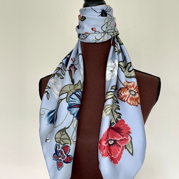 Gucci | Accessories | Gucci Silk Wrap Logo Kris Knight Floral Print Sky ...